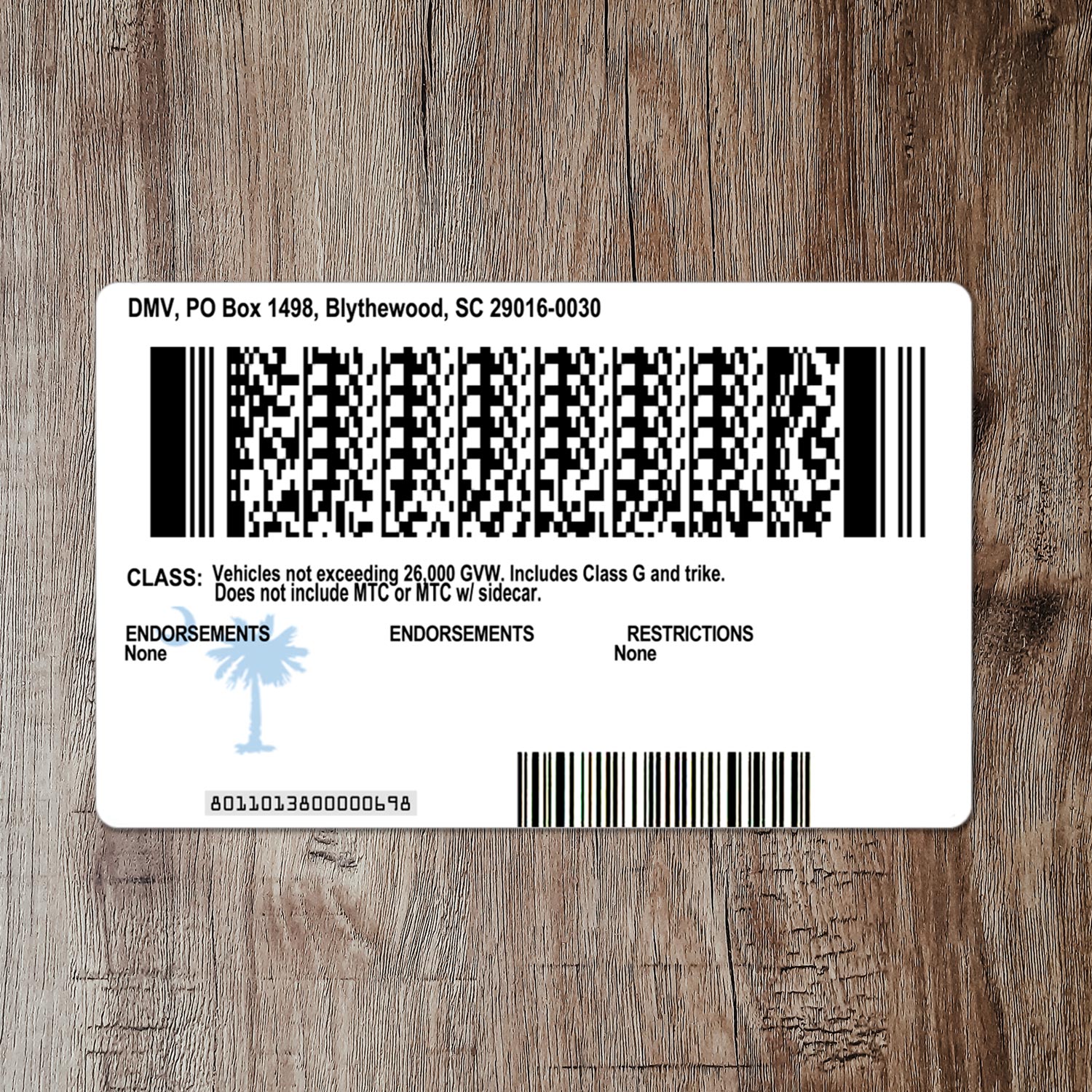 Blank South Carolina drivers license template